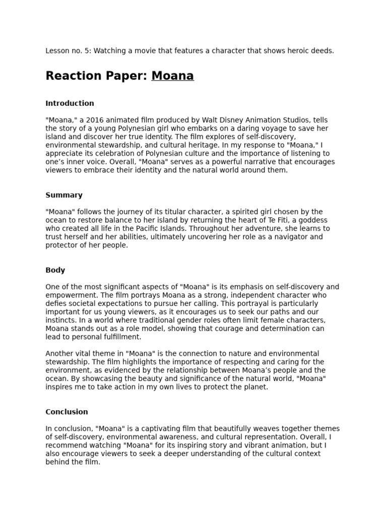 Lesson No. 5 Reaction Paper Moana The Movie | PDF