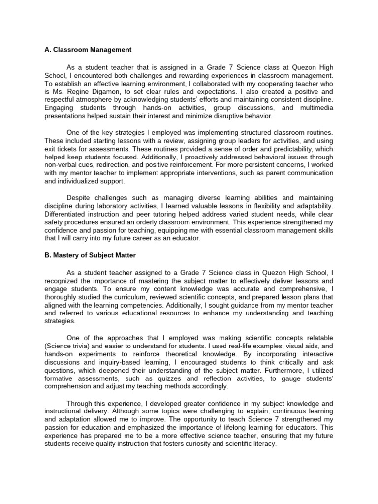 Practice Teaching Reflection Report | PDF | Teachers | Classroom Management