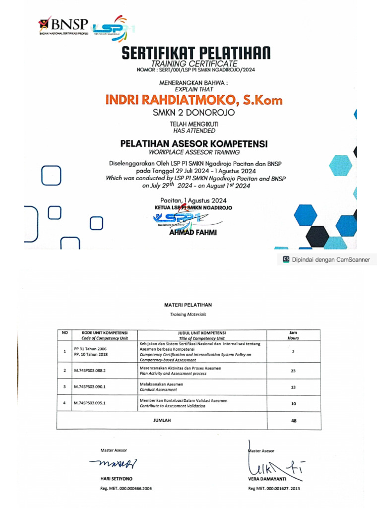 sertifikat pelatihan asesor indri | PDF