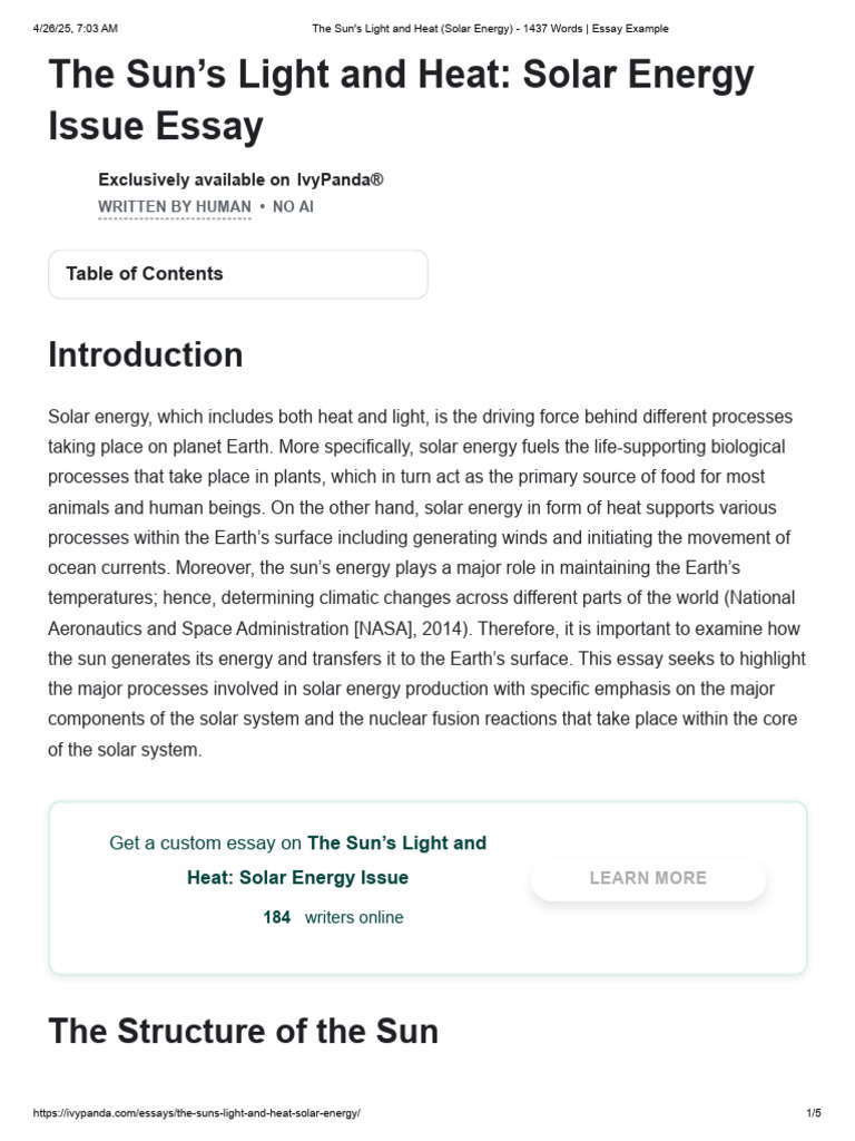 The Sun's Light and Heat (Solar Energy) - 1437 Words _ Essay Example ...