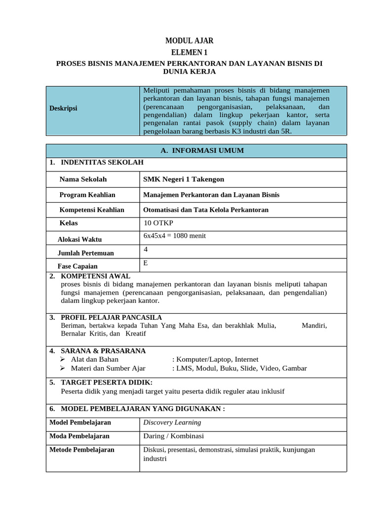 Modul Ajar Elemen 1 Proses Bisnis Manajemen Perkantoran | PDF