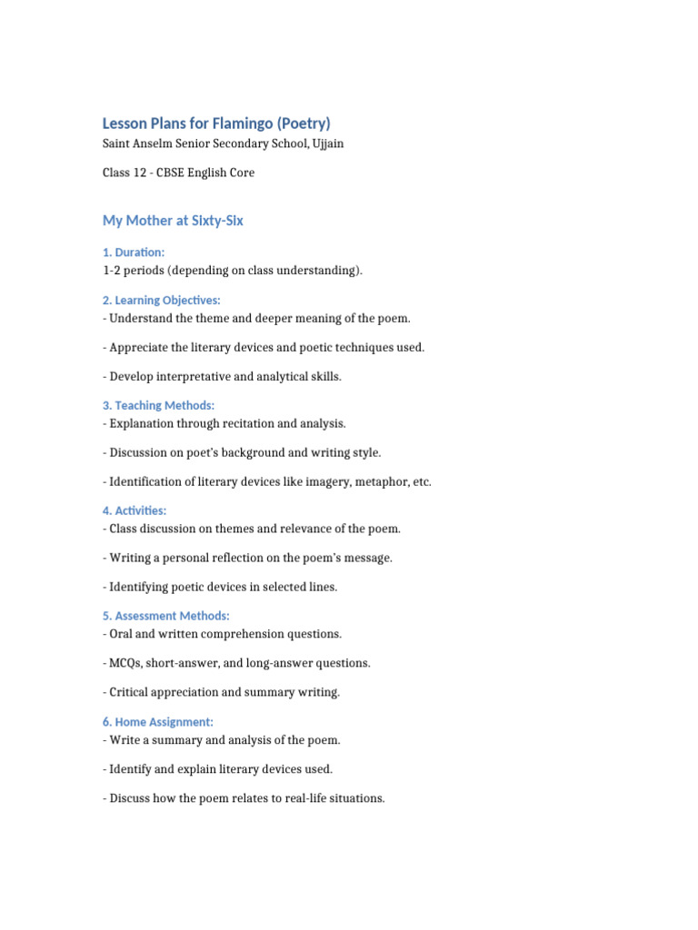 Lesson Plans for Class 12 Poetry | PDF | Poetry | Teaching Method