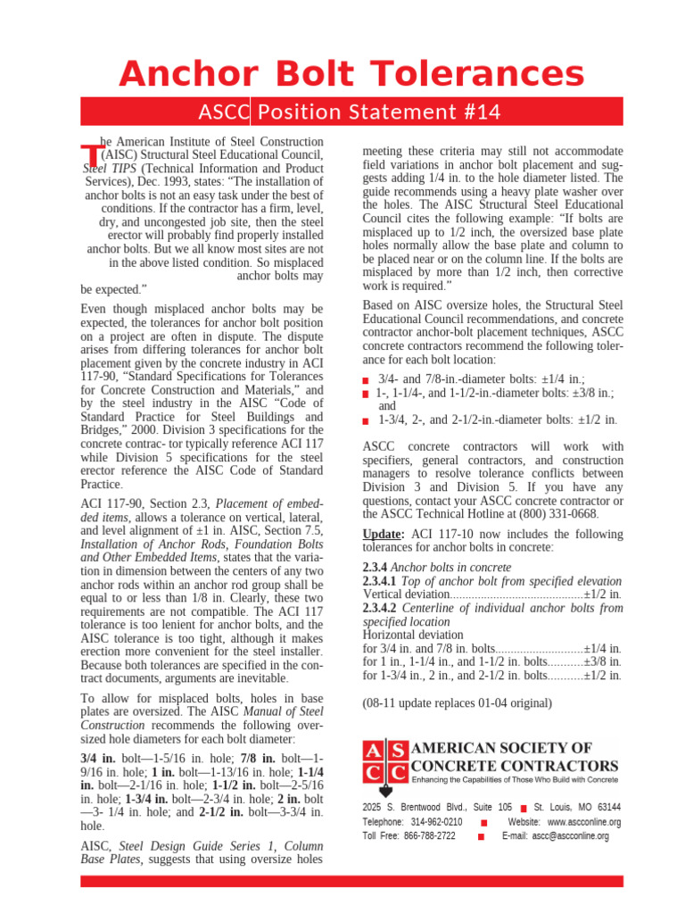 Anchor Bolt Tolerances per AISC Standards | PDF | Engineering Tolerance ...