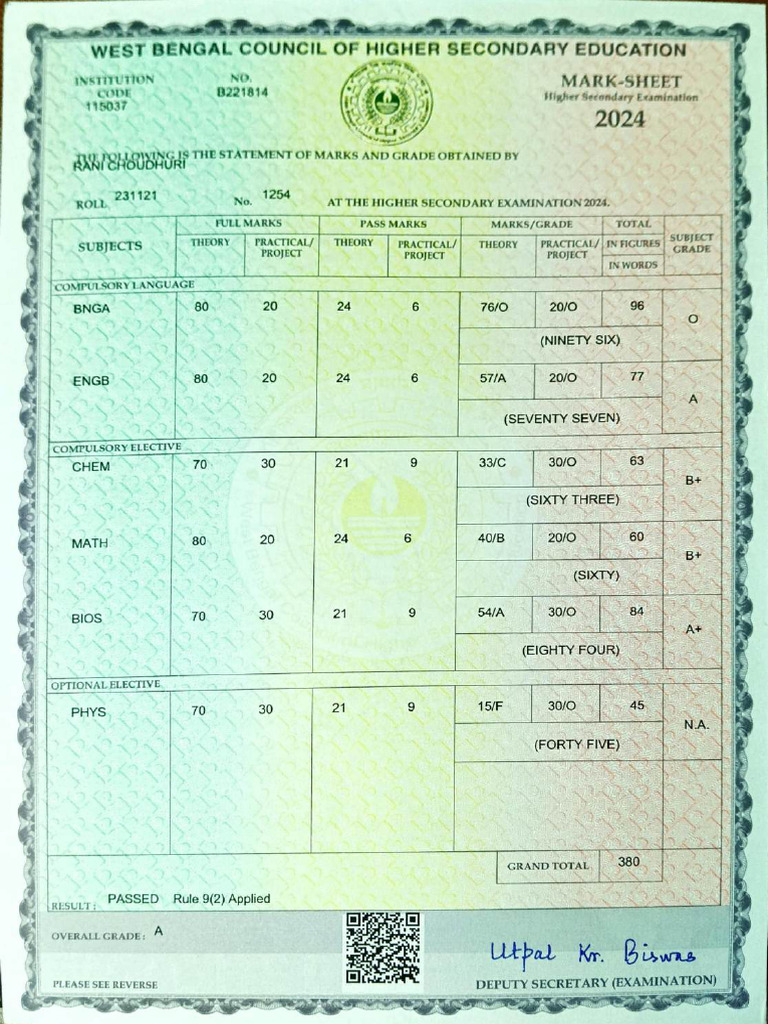 Rani HS Marksheet - Compressed | PDF