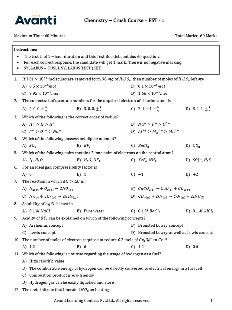 Redox Chemistry Crash Course Test | PDF | Acid | Redox