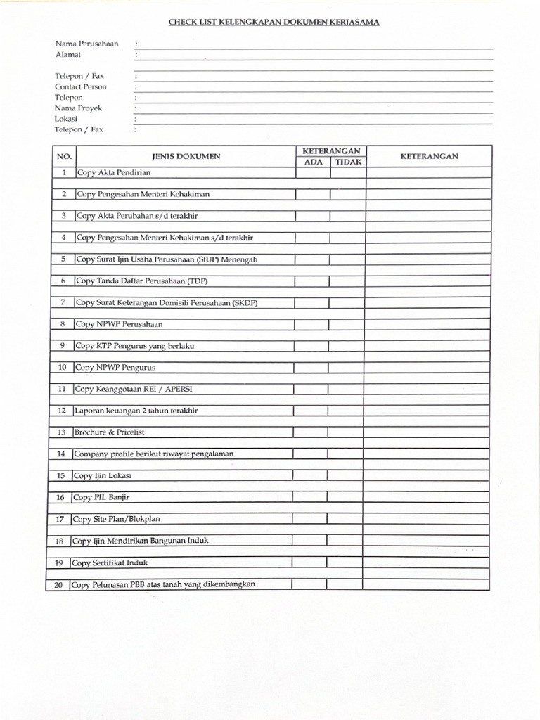 CHECK LIST KELENGKAPAN DOKUMEN KERJASAMA | PDF