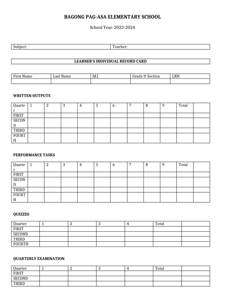 Learner's Individual Record Card 2023-2024 | PDF