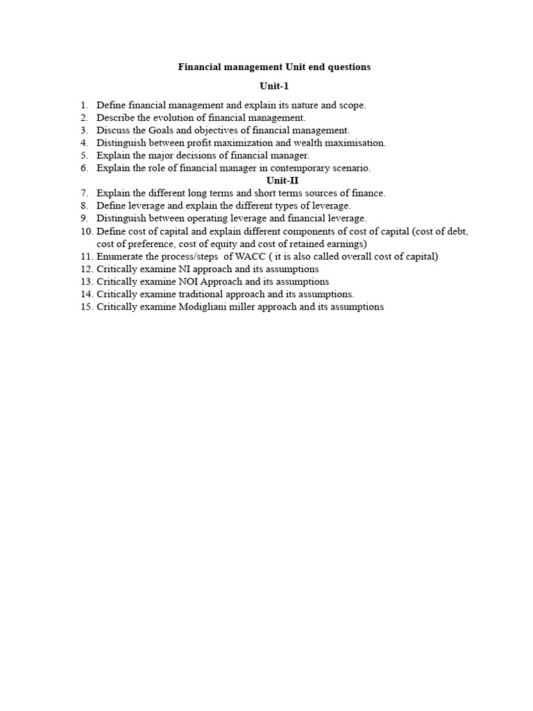 Financial Management Unit End Questions | PDF