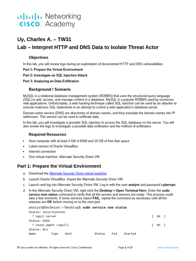 Uy - Charles - ALT - LAB9 - Interpret HTTP and DNS Data To Isolate Threat Actor | PDF ...