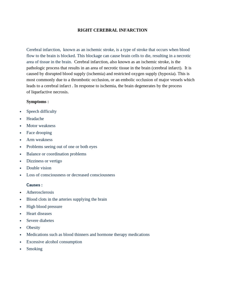 RIGHT CEREBRAL INFARCTION (3) (2) | PDF | Ischemia | Stroke