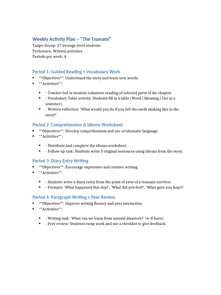 Tsunami Weekly Activity Plan | PDF