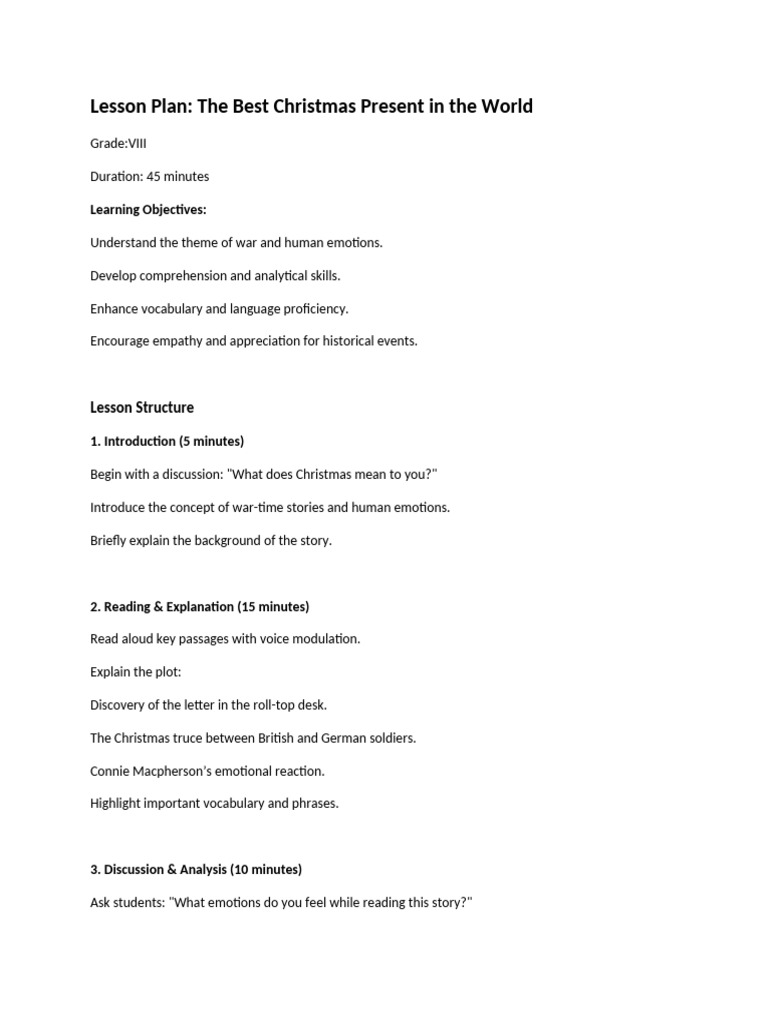 The Best Christmas Present - Lesson Plan | PDF