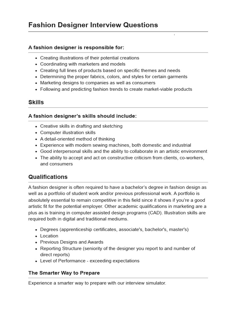 Essential Fashion Designer Interview Questions | PDF | Fashion ...