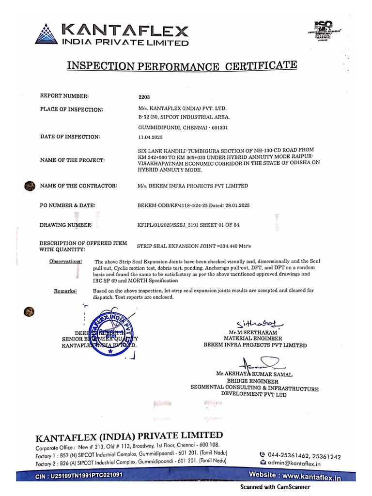 Inspection Performance Certificate | PDF