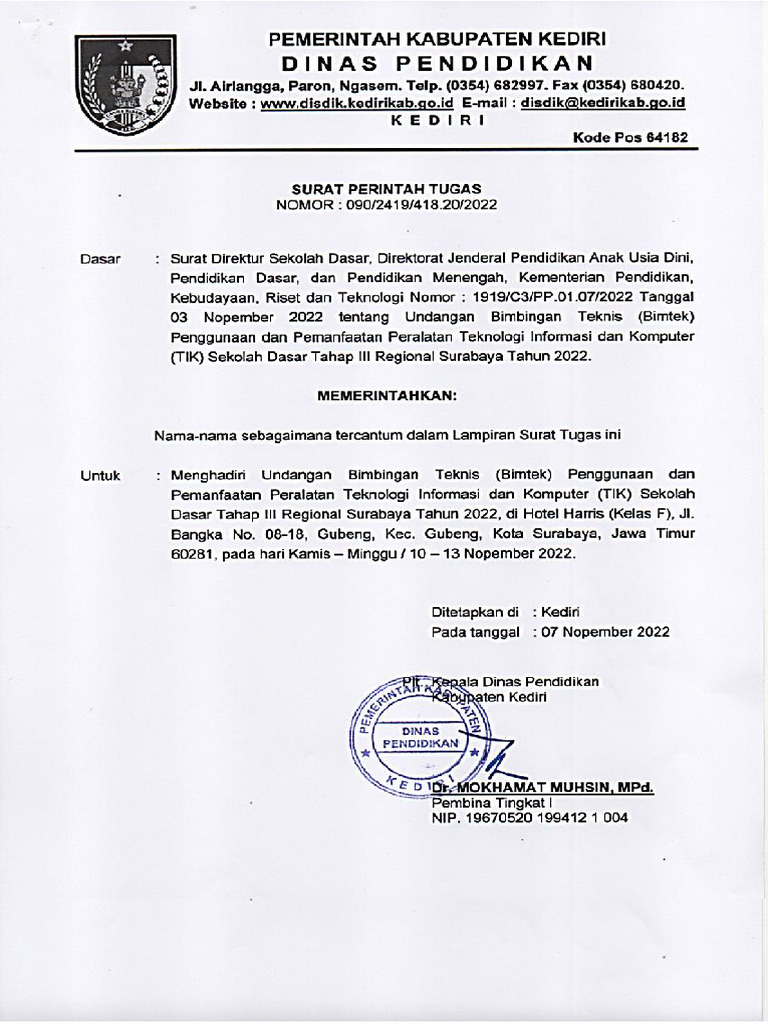 Surat Tugas Bimtek TIK | PDF