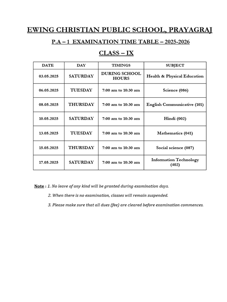Time Table IX P.A. - 1 (25-26) | PDF