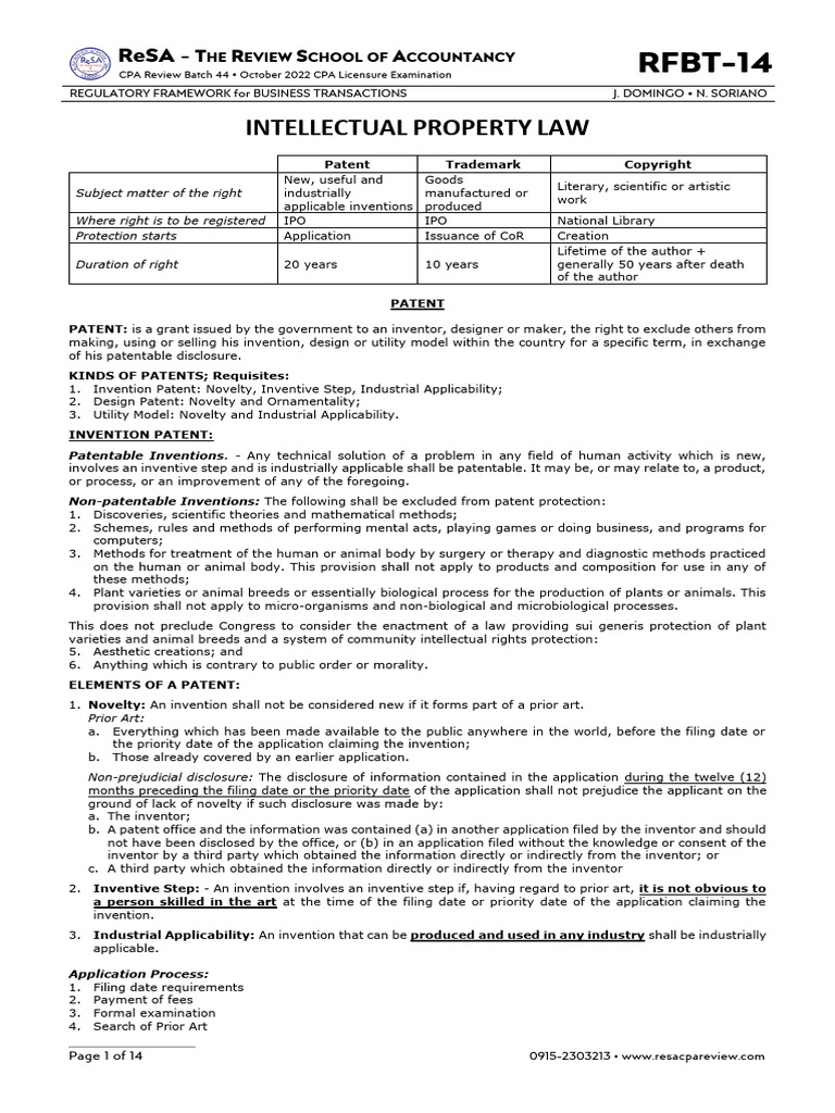 RFBT 14 Intellectual Property | PDF | Patent Application | Glossary Of ...