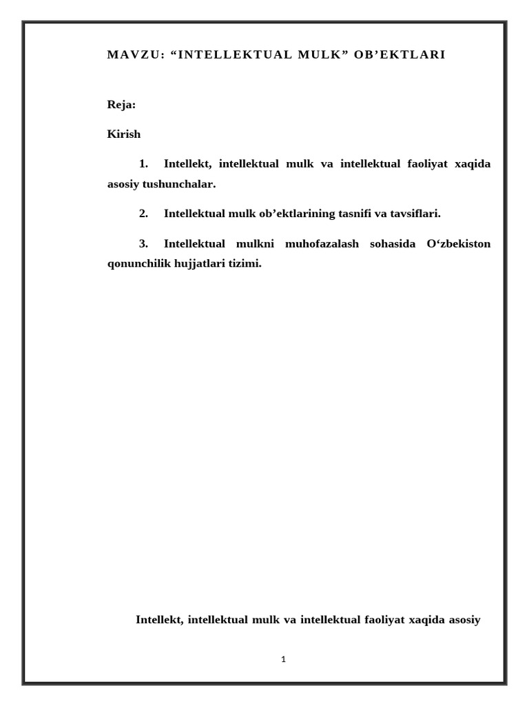 "Intellektual Mulk" Ob'ektlari | PDF