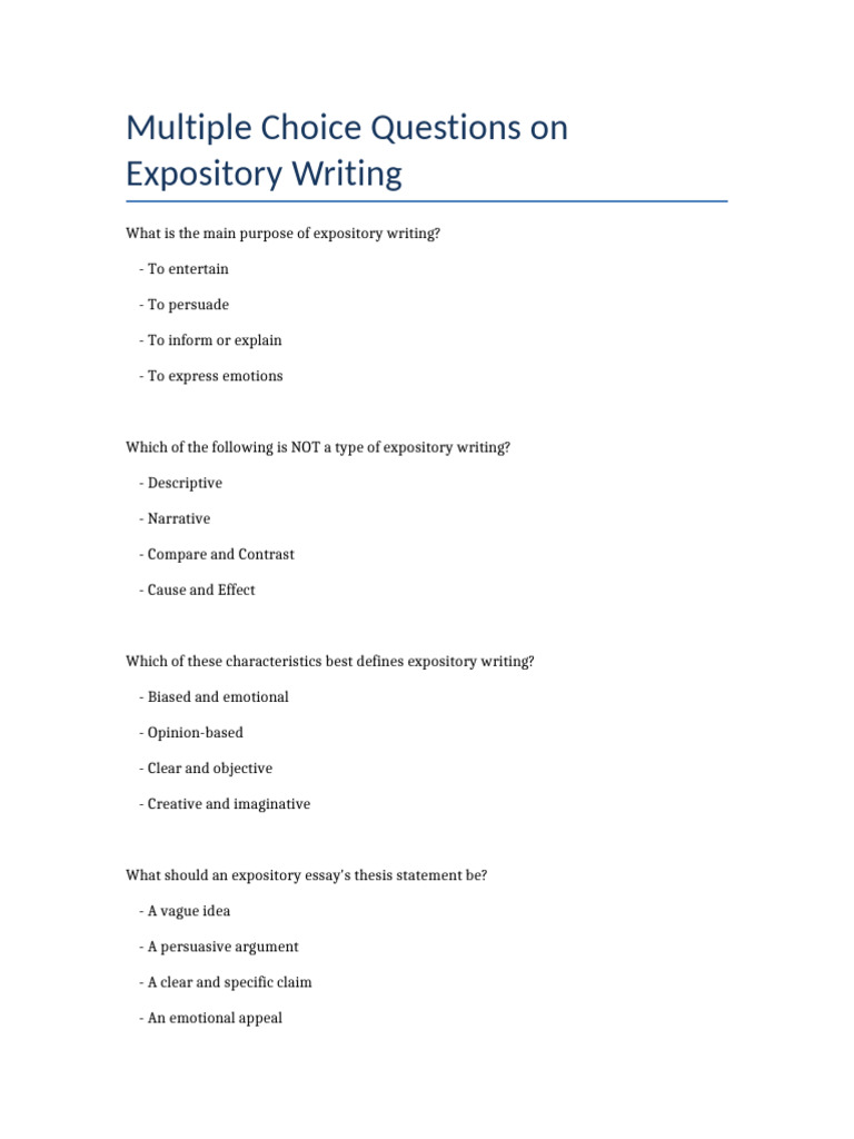 MCQs on Expository Writing Concepts | PDF | Essays | Human Communication