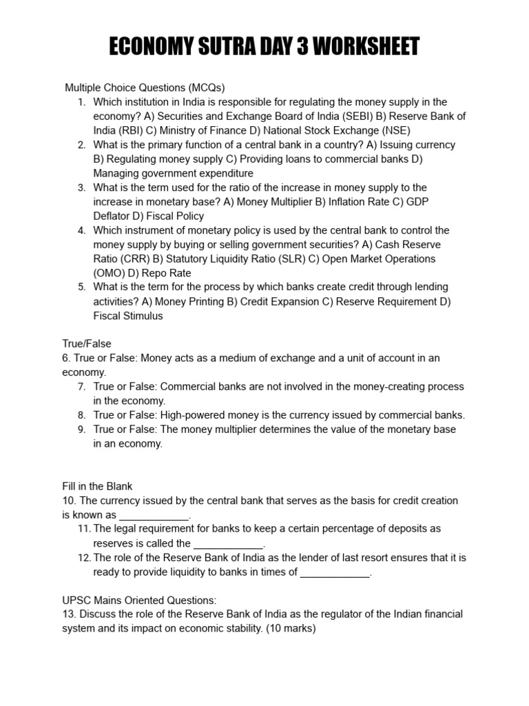 Economy Sutra Day 3 Worksheet | PDF