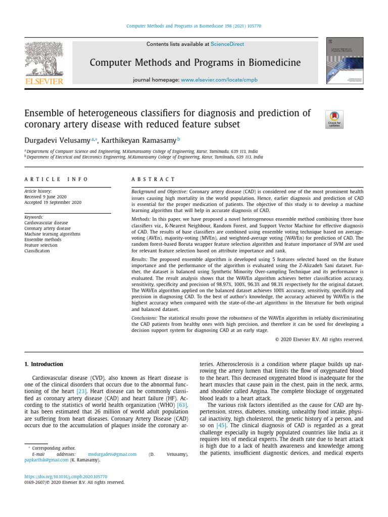 Ensemble of heterogeneous classifiers for diagnosis and prediction of coronary artery disease ...