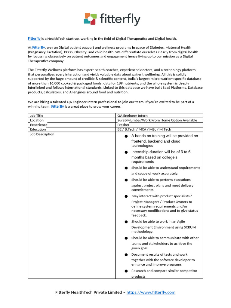 QA Engineer Intern at Fitterfly HealthTech | PDF | Agile Software ...
