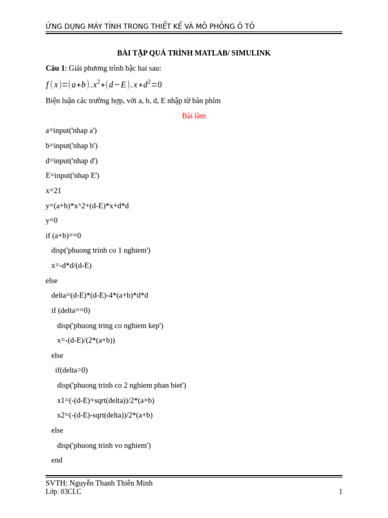 BÀI TẬP MATLAB-SIMULINK | PDF