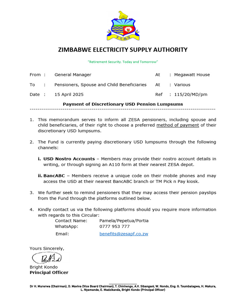 ZESA Pension Fund Payment Options 2025 | PDF