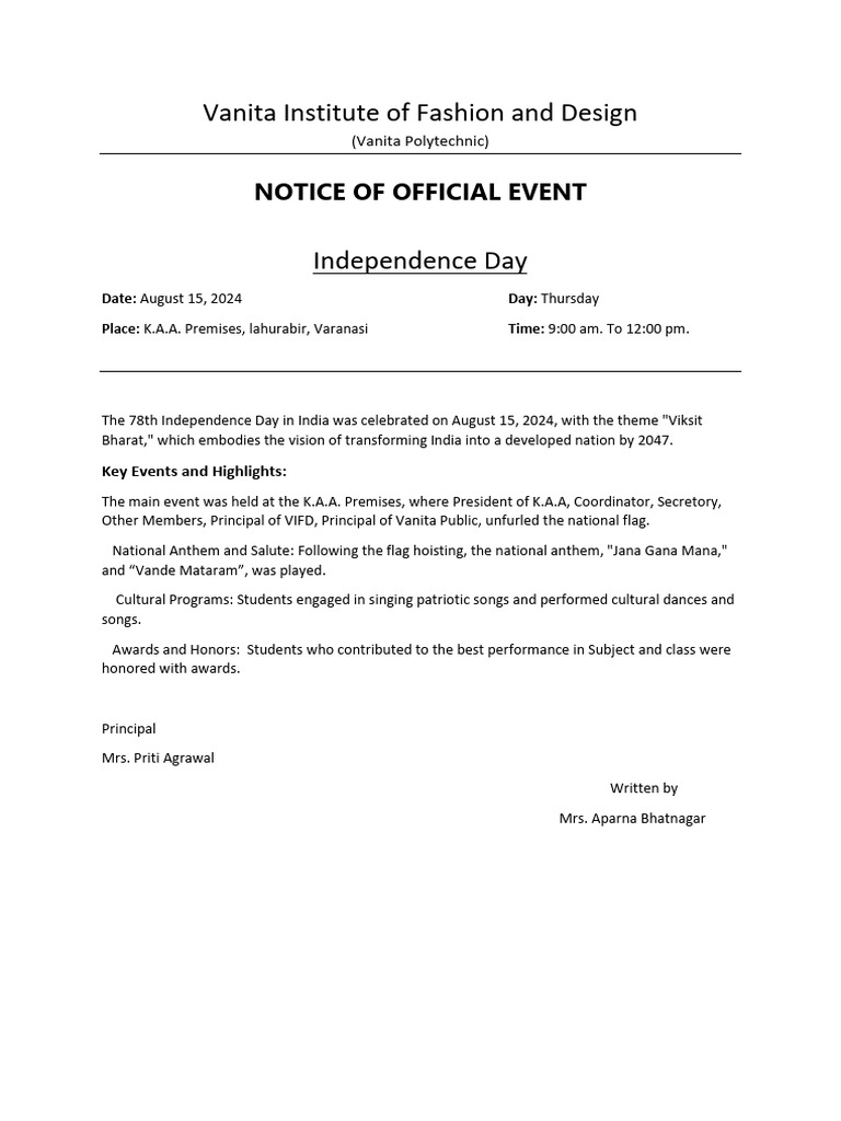 78th Independence Day Celebration Notice | PDF