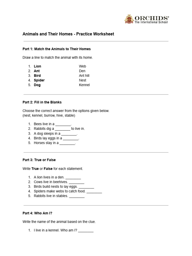 Animals and Their Homes Worksheet | PDF