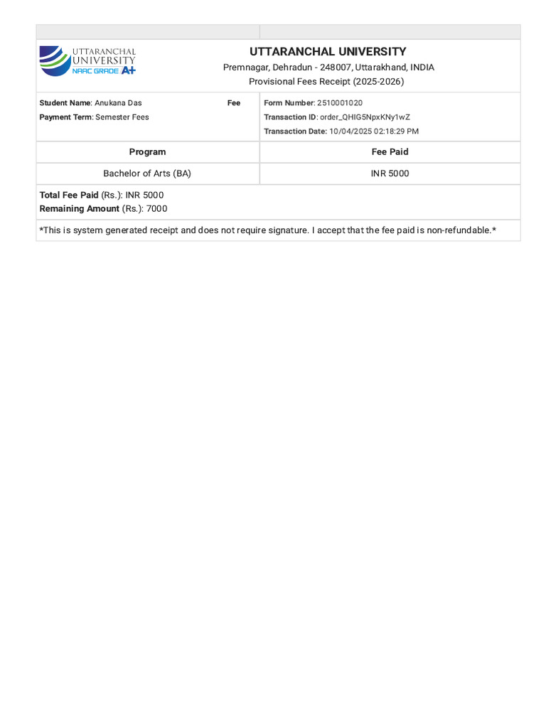 Partial Payment Receipt - Partial Payment Receipt | PDF