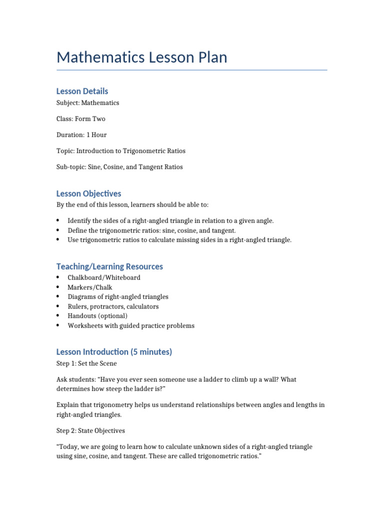 Form 2 Trigonometry Lesson Plan | PDF | Trigonometric Functions ...