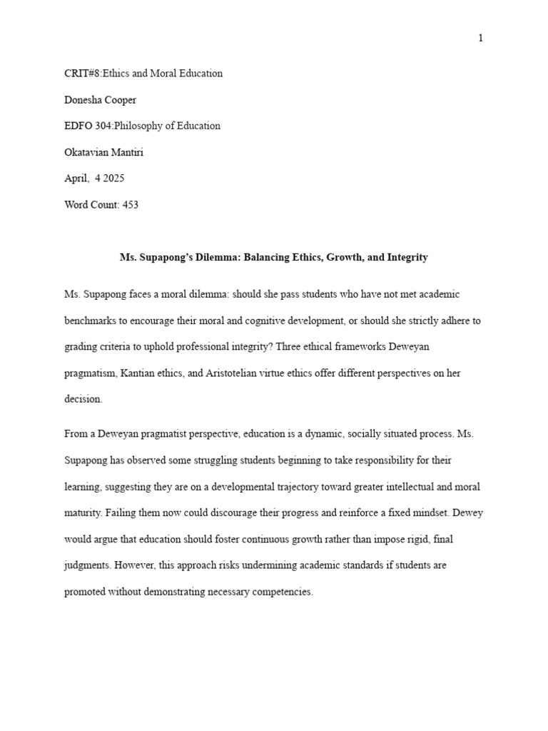 Ms. Supapong's Ethical Dilemma in Education | PDF | John Dewey | Integrity