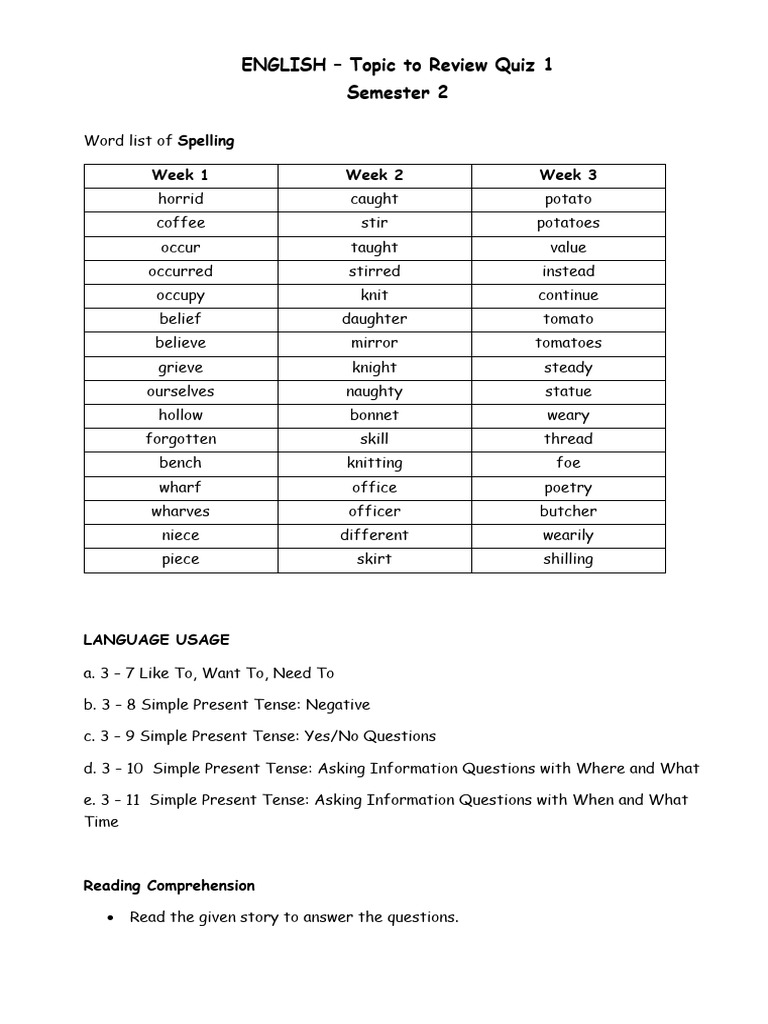 English Quiz 1: Spelling & Language Skills | PDF