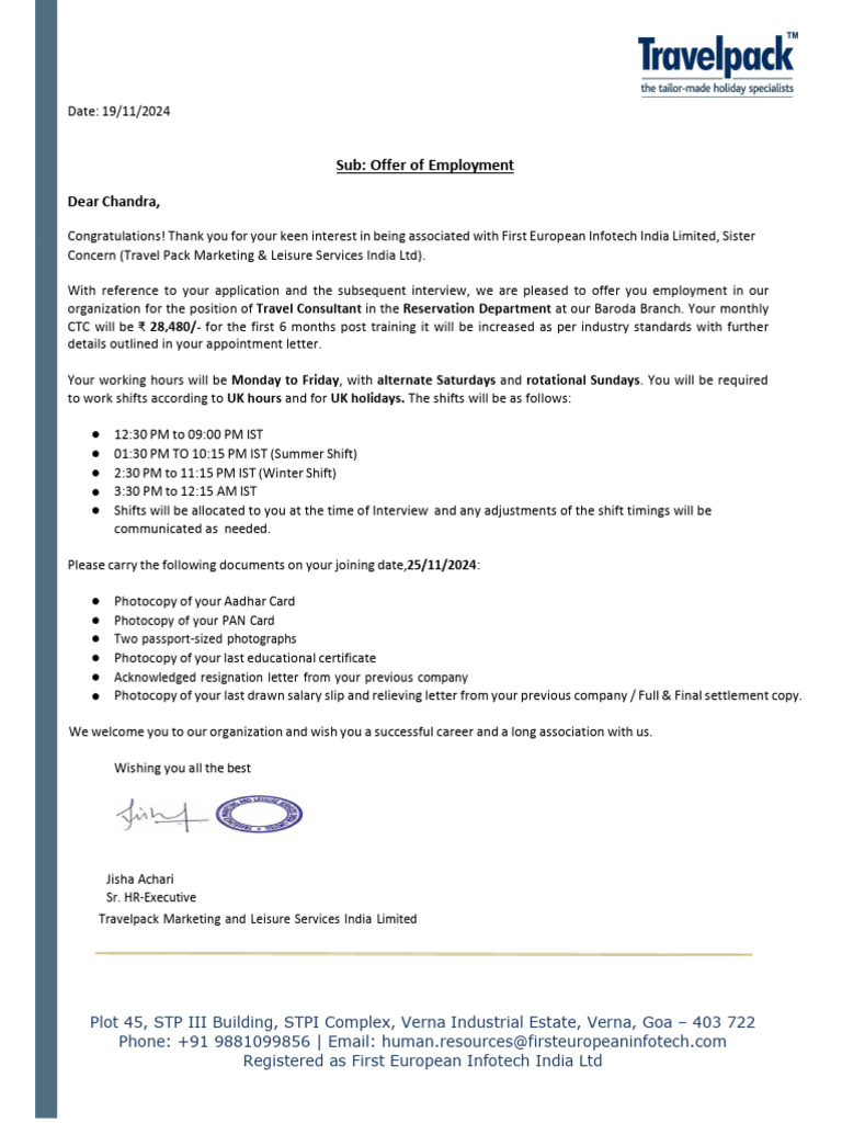 Employment Offer for Travel Consultant | PDF