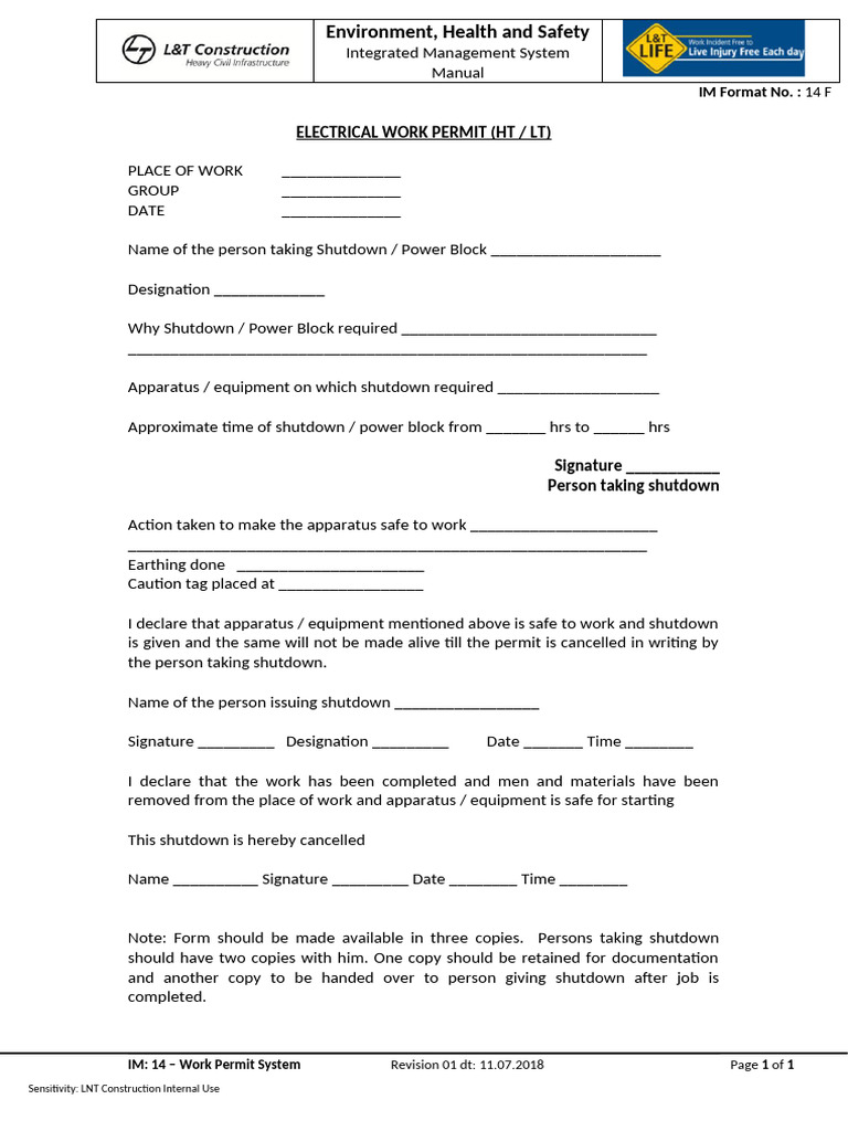 IM 14 F-Electrical Work Permit | PDF