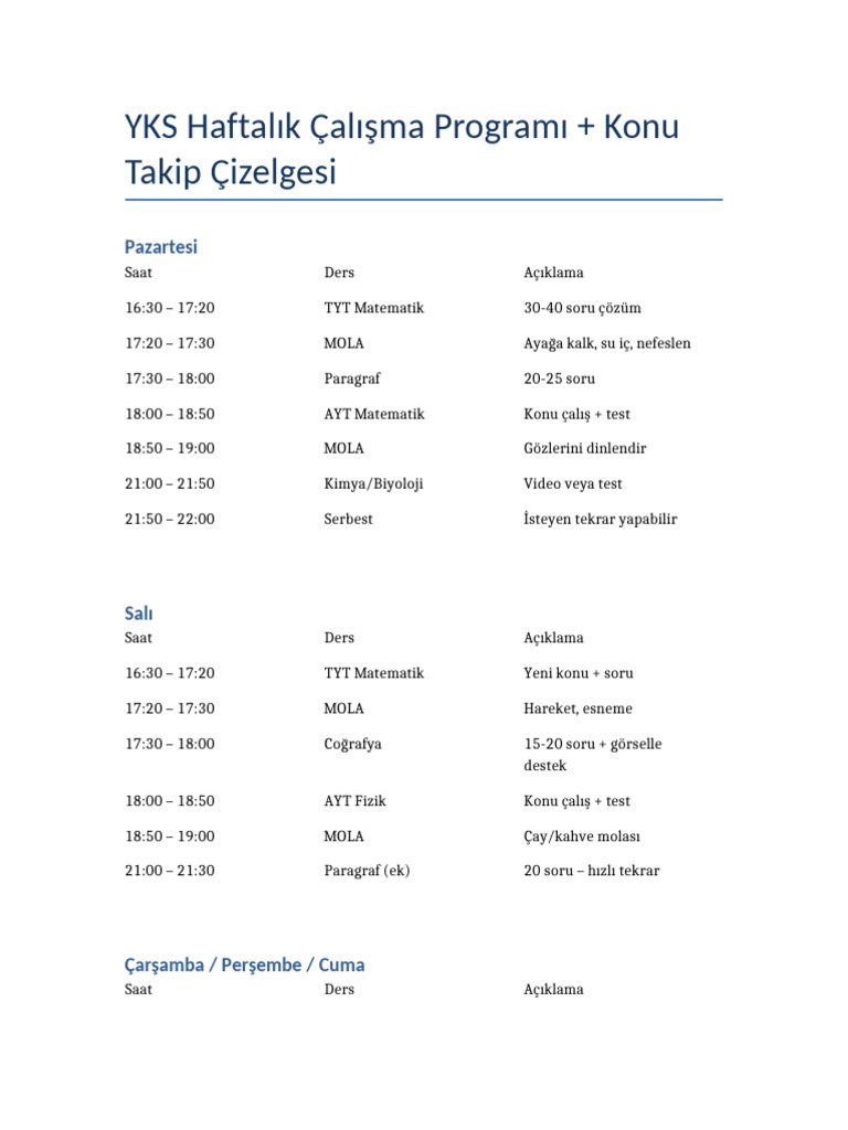 YKS Calisma Programi Ve Konu Takibi | PDF