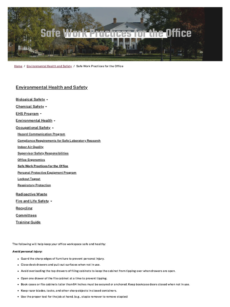 Safe Work Practices For The Office - Environmental Health and Safety ...