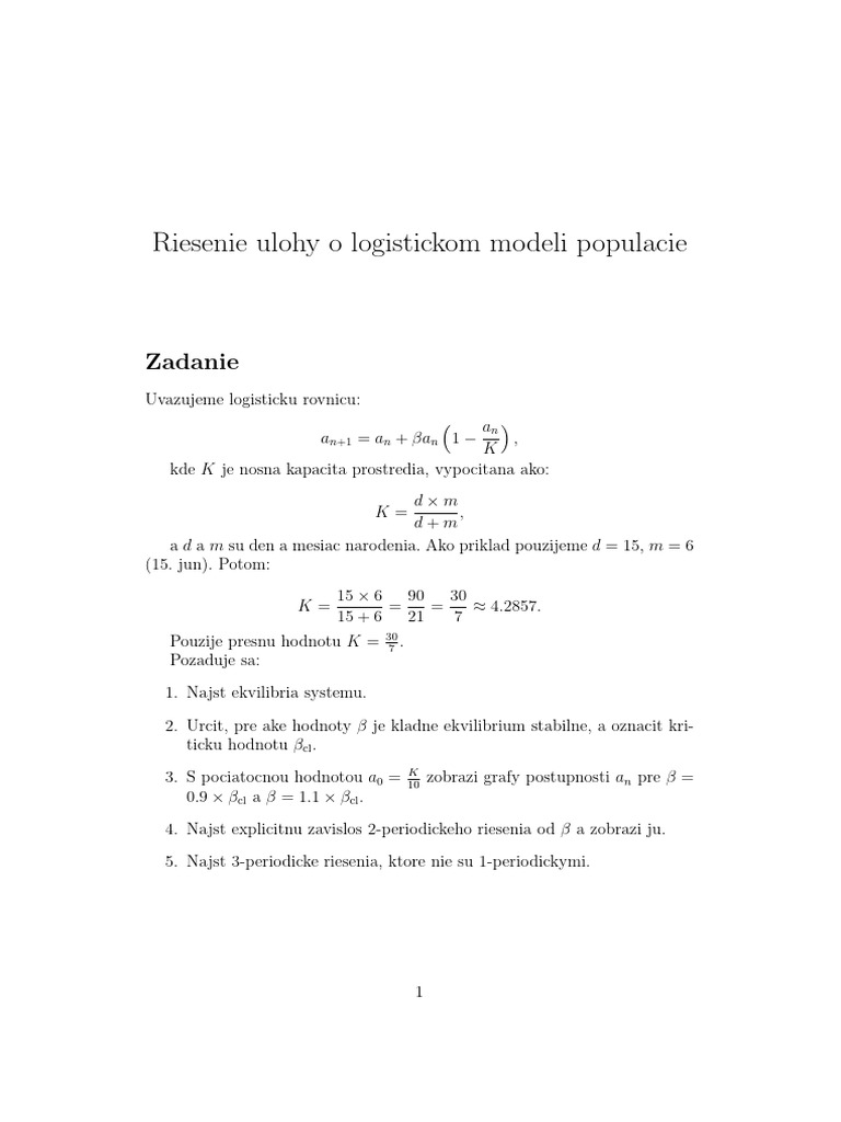 Riesenie Ulohy o Logistickom Modeli Populacie: Zadanie | PDF