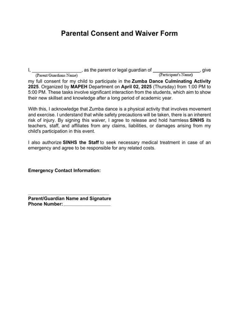 Zumba Waiver Parental Consent 2025 | PDF