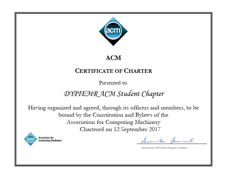 DYPIEMR ACM Student Chapter Certificate of Charter | PDF