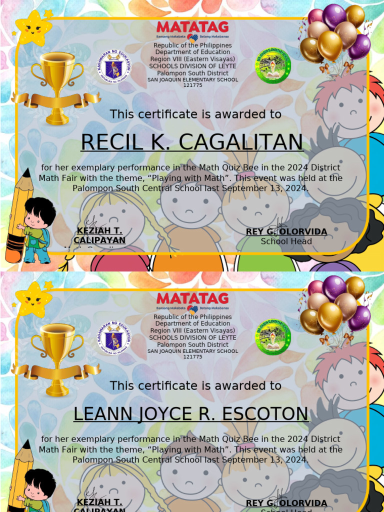 Math Certificate For Math Quiz Bee | PDF
