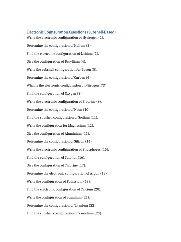 Electronic Configuration Questions | PDF