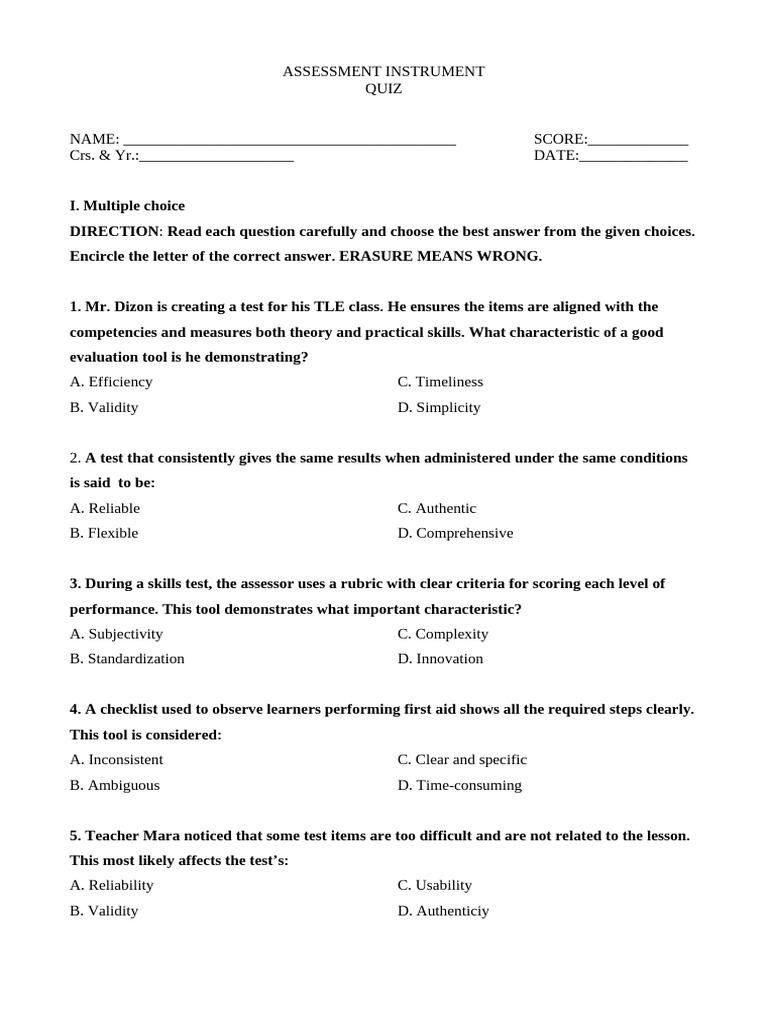 Quiz Assessment Instrument | PDF | Educational Assessment | Behavior ...