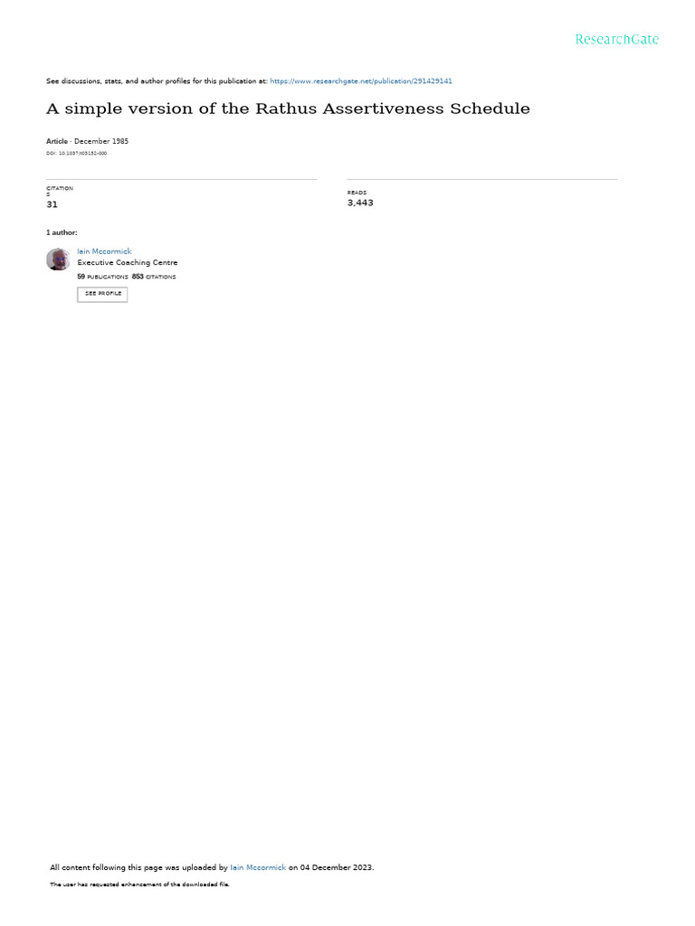 A Simple Version of The Rathus Assertiveness Schedule: December 1985 | PDF