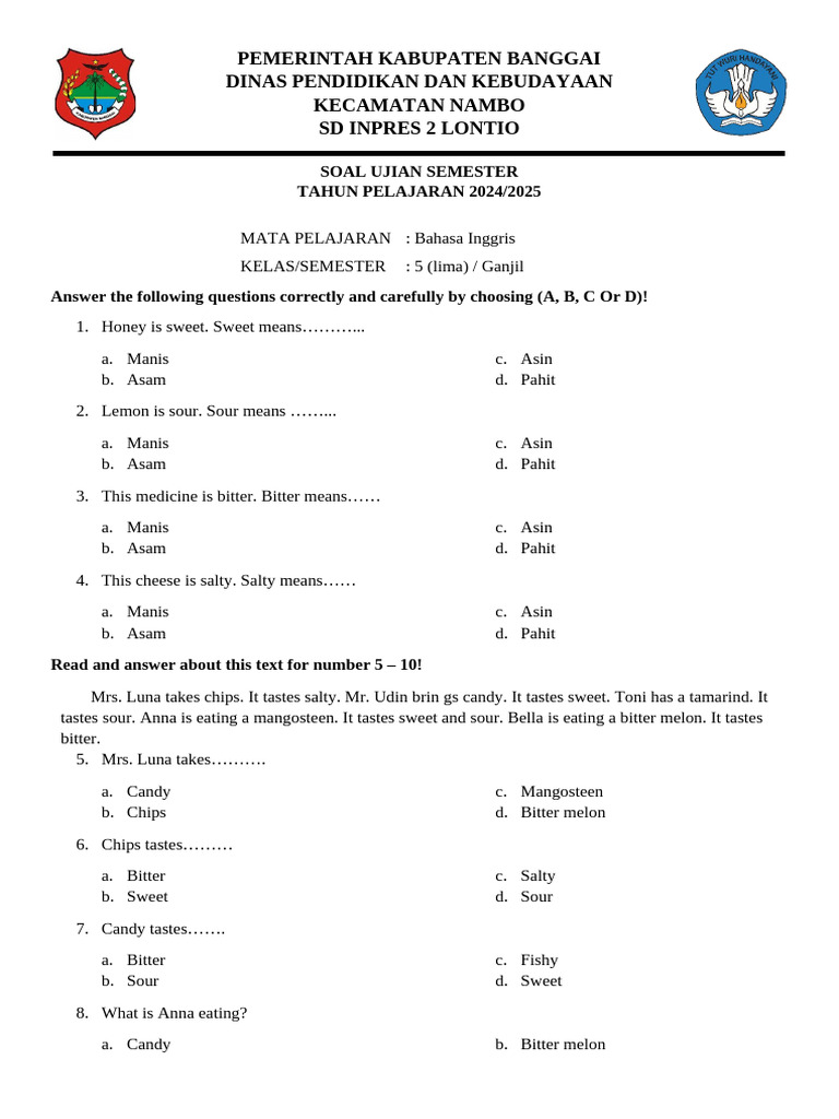 Soal Ujian Kelas 5 Semester Ganjil TERBARU 30 NOMOR | PDF | Taste | Indonesian Cuisine