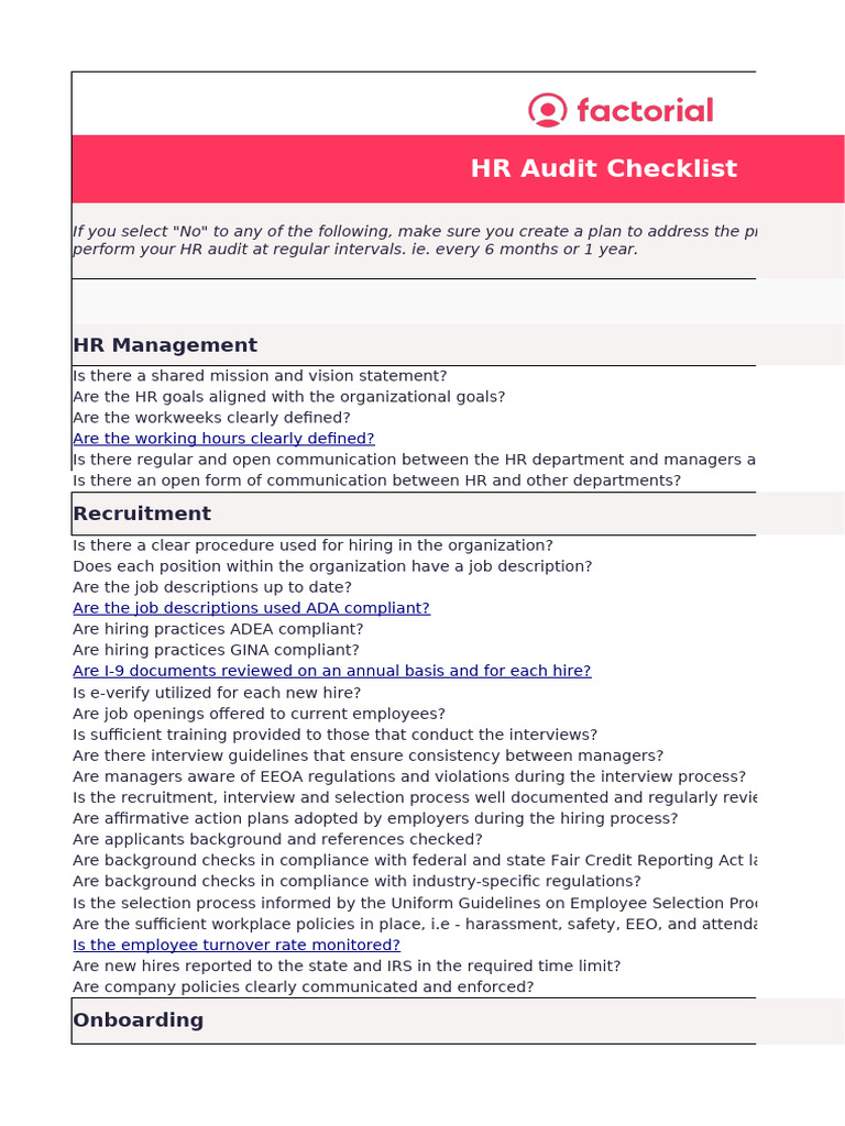 Factorial - HR Audit Checklist | PDF | Employment | Occupational Safety ...
