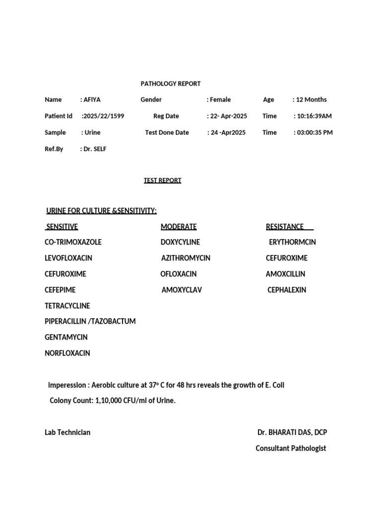 Urine Culture Report for E. Coli in Child | PDF