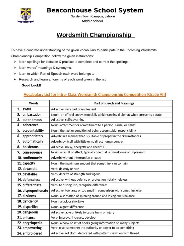 Vocabulary List (Grade 7) 2025 | PDF | Adjective | Noun