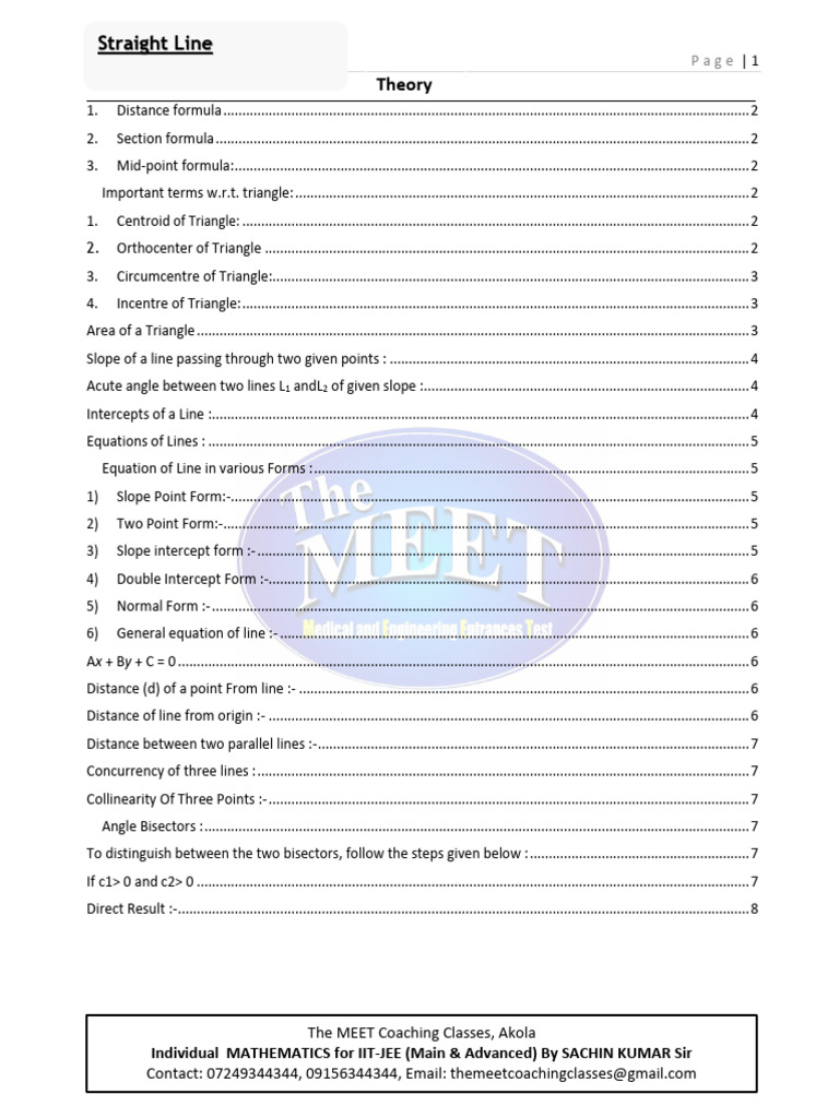 Straight Lines Theory Notes | PDF | Cartesian Coordinate System | Slope
